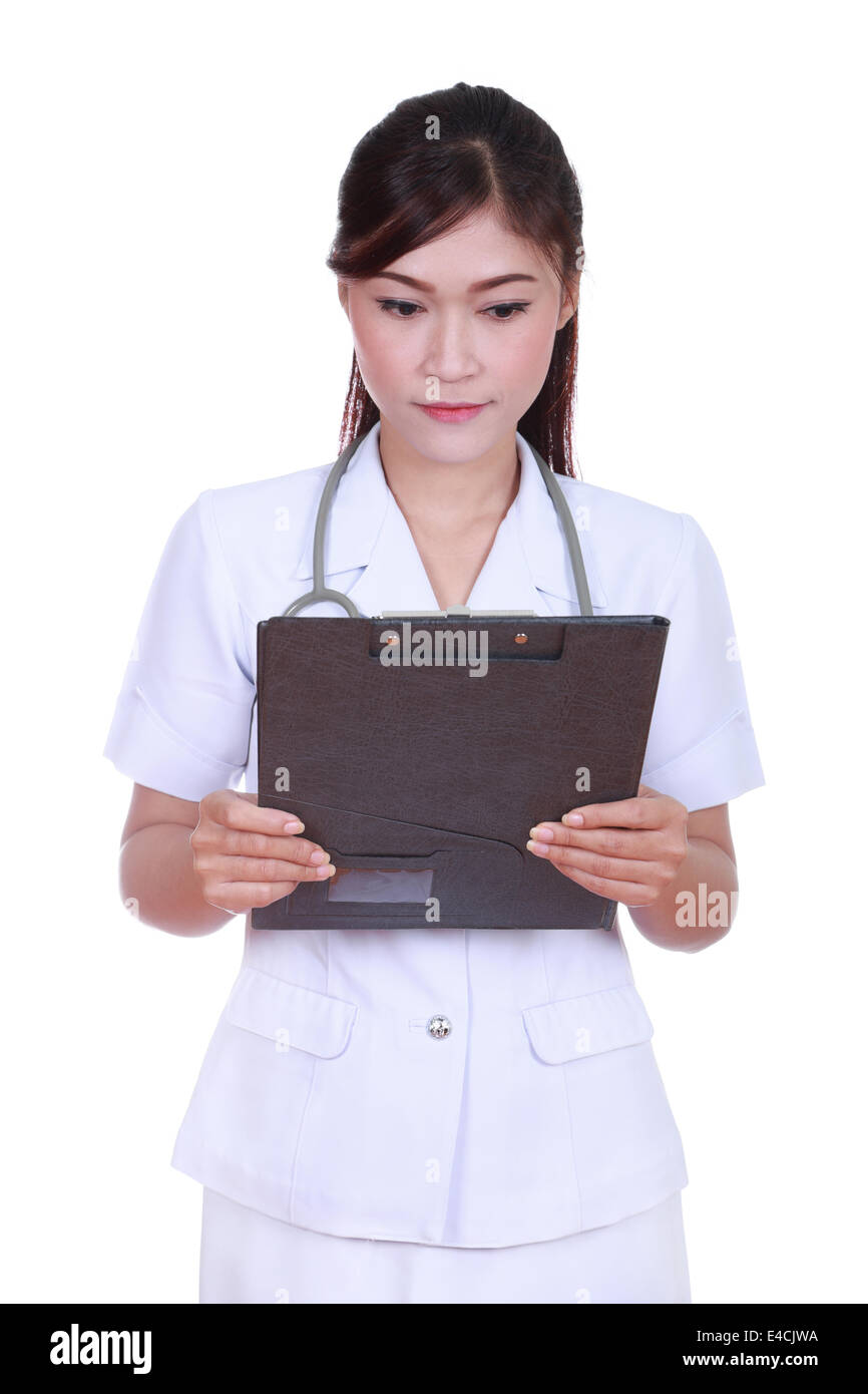 nurse reading medical report isolated on white background Stock Photo ...