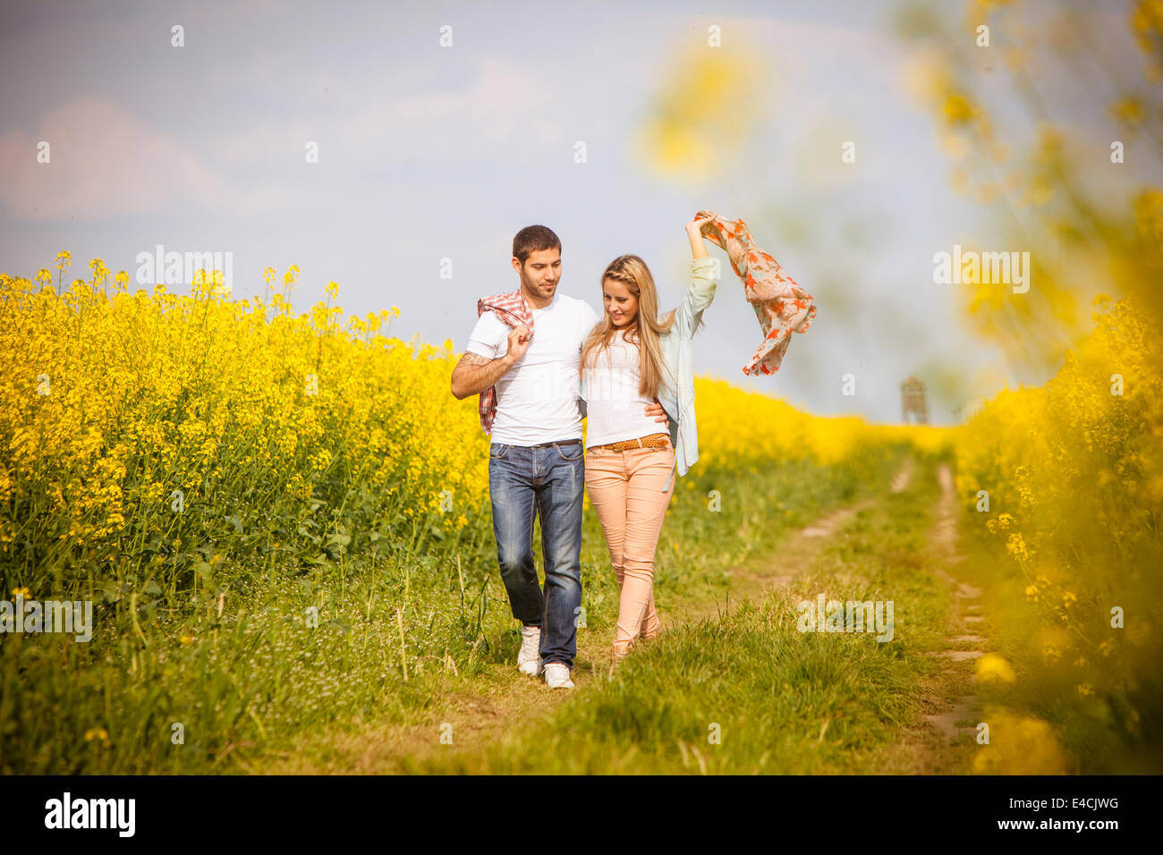 Young couple walking along field path by colza field, Tuscany, Italy ...