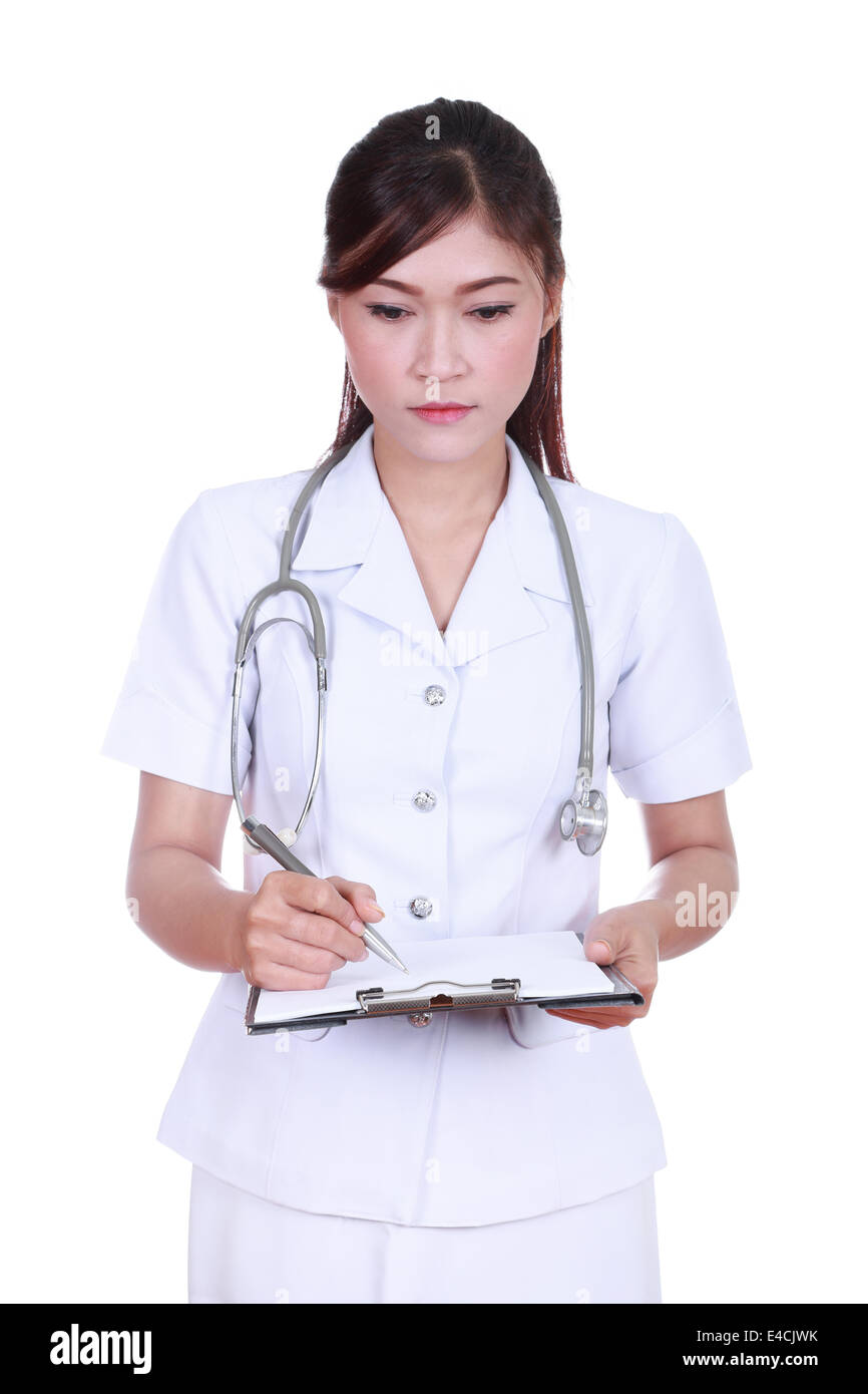 female nurse writing medical report isolated on white background Stock ...