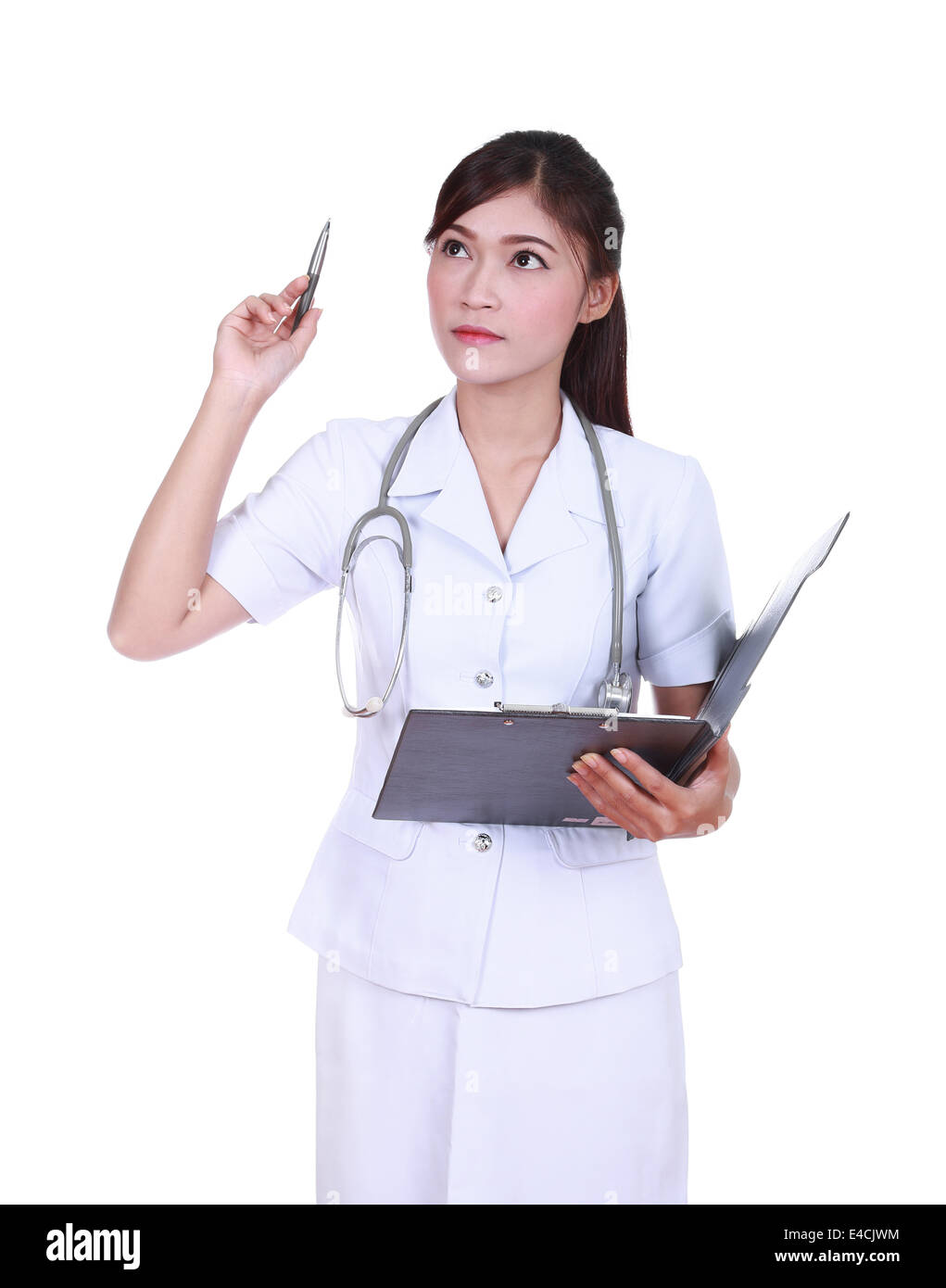 female nurse thinking with medical report isolated on white background ...