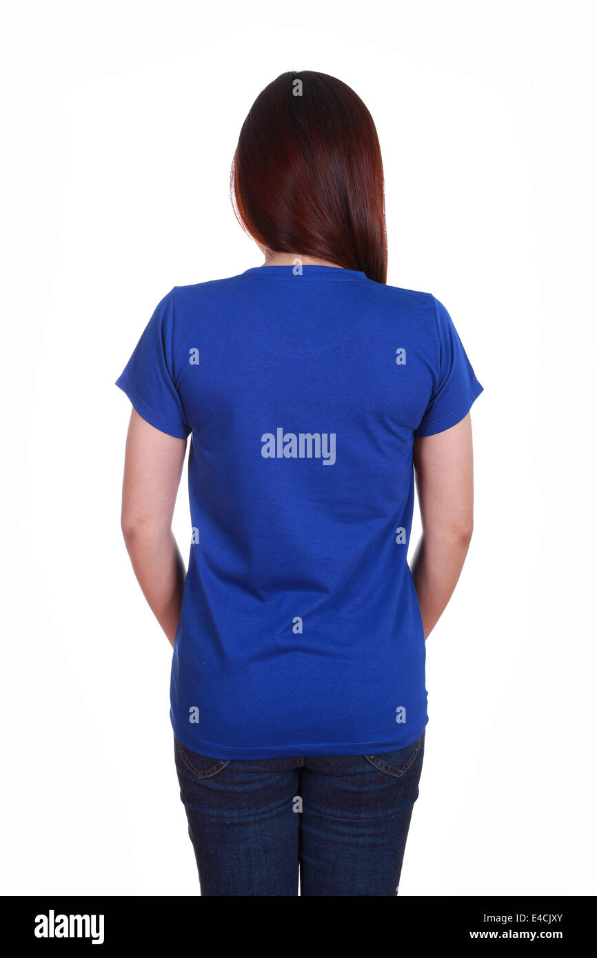 female with blank blue t-shirt (back side) isolated on white background ...