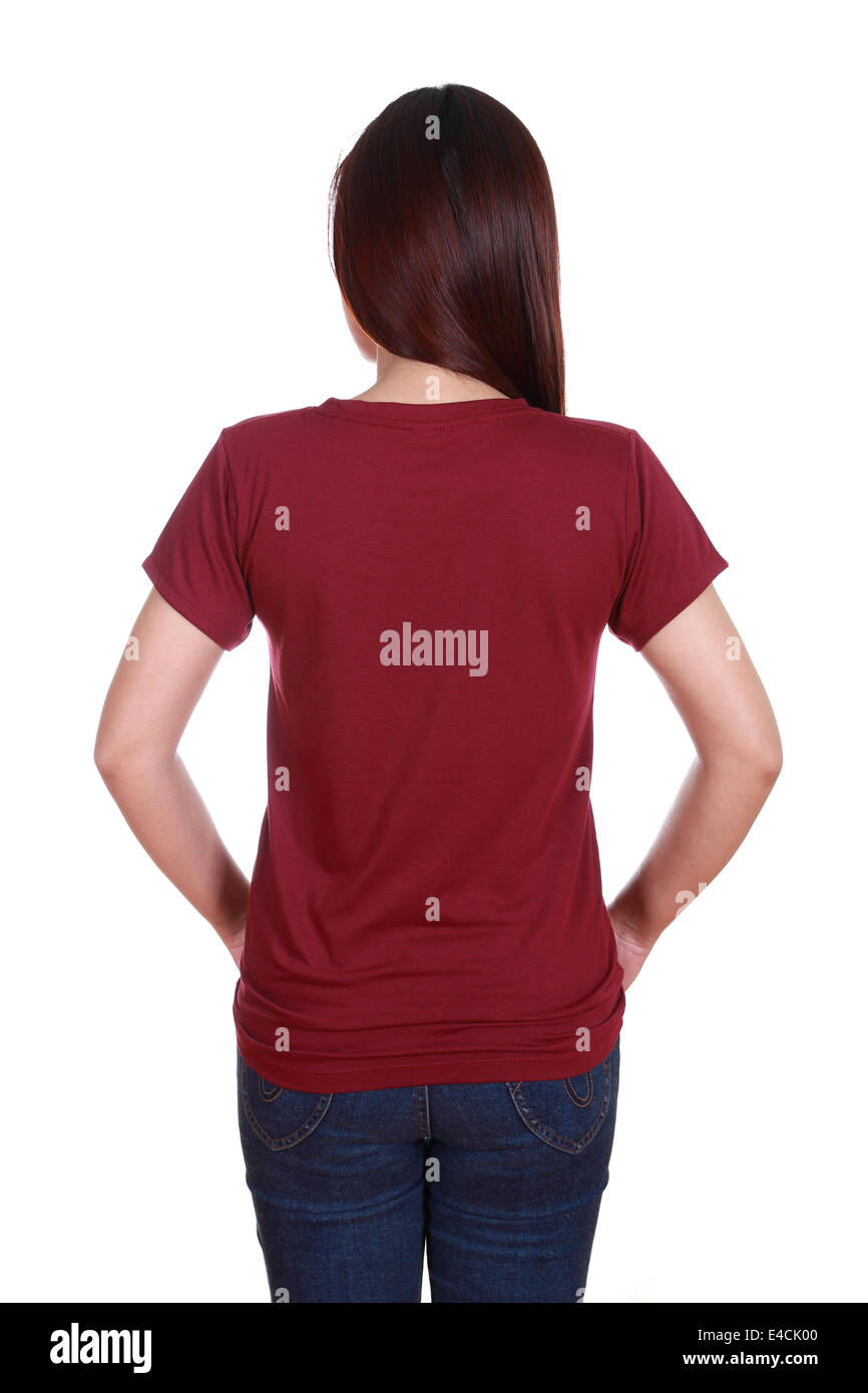 female with blank red t-shirt (back side) isolated on white background ...
