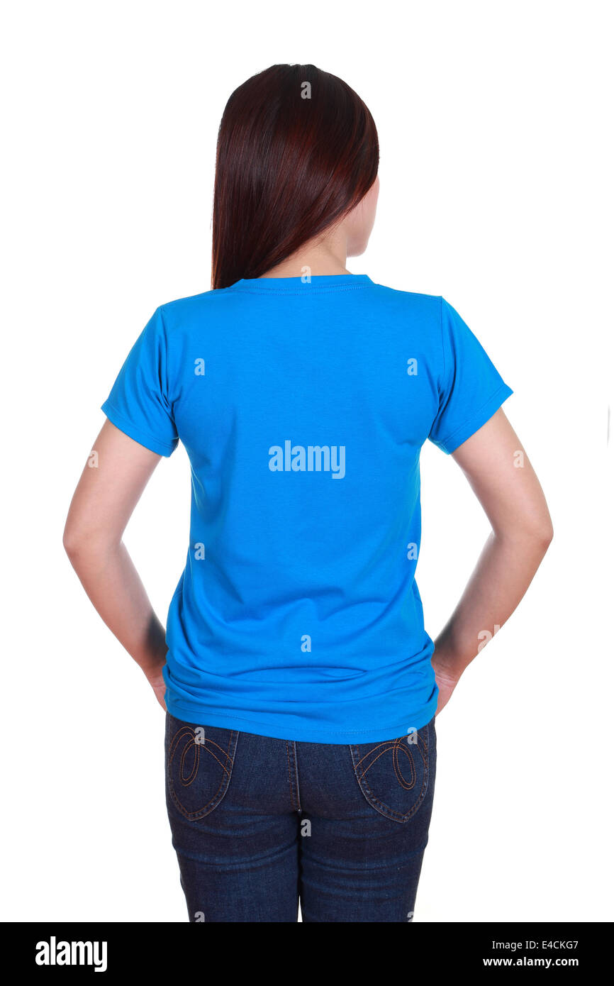 female with blank blue t-shirt (back side) isolated on white background ...