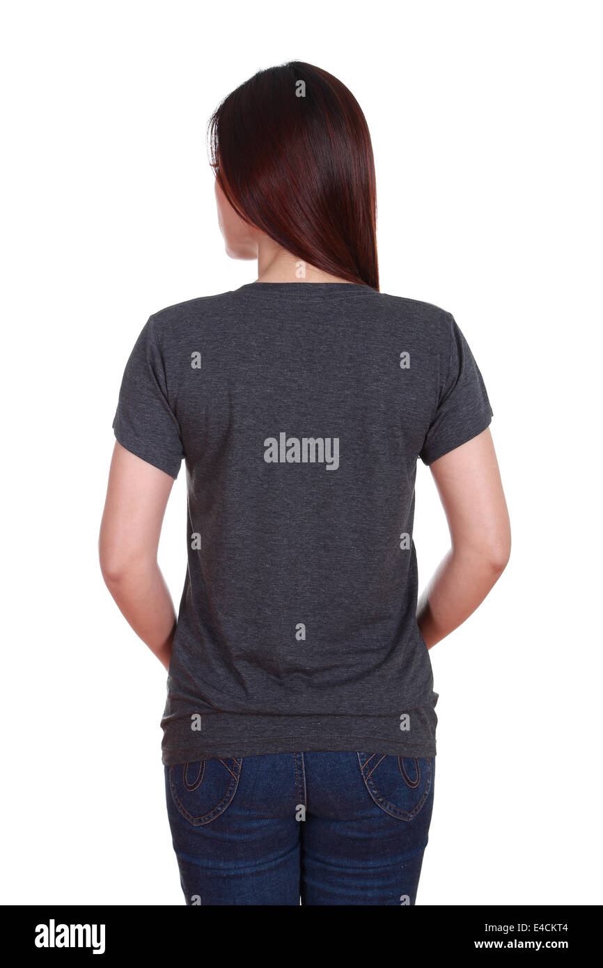 female with blank black t-shirt (back side) isolated on white ...