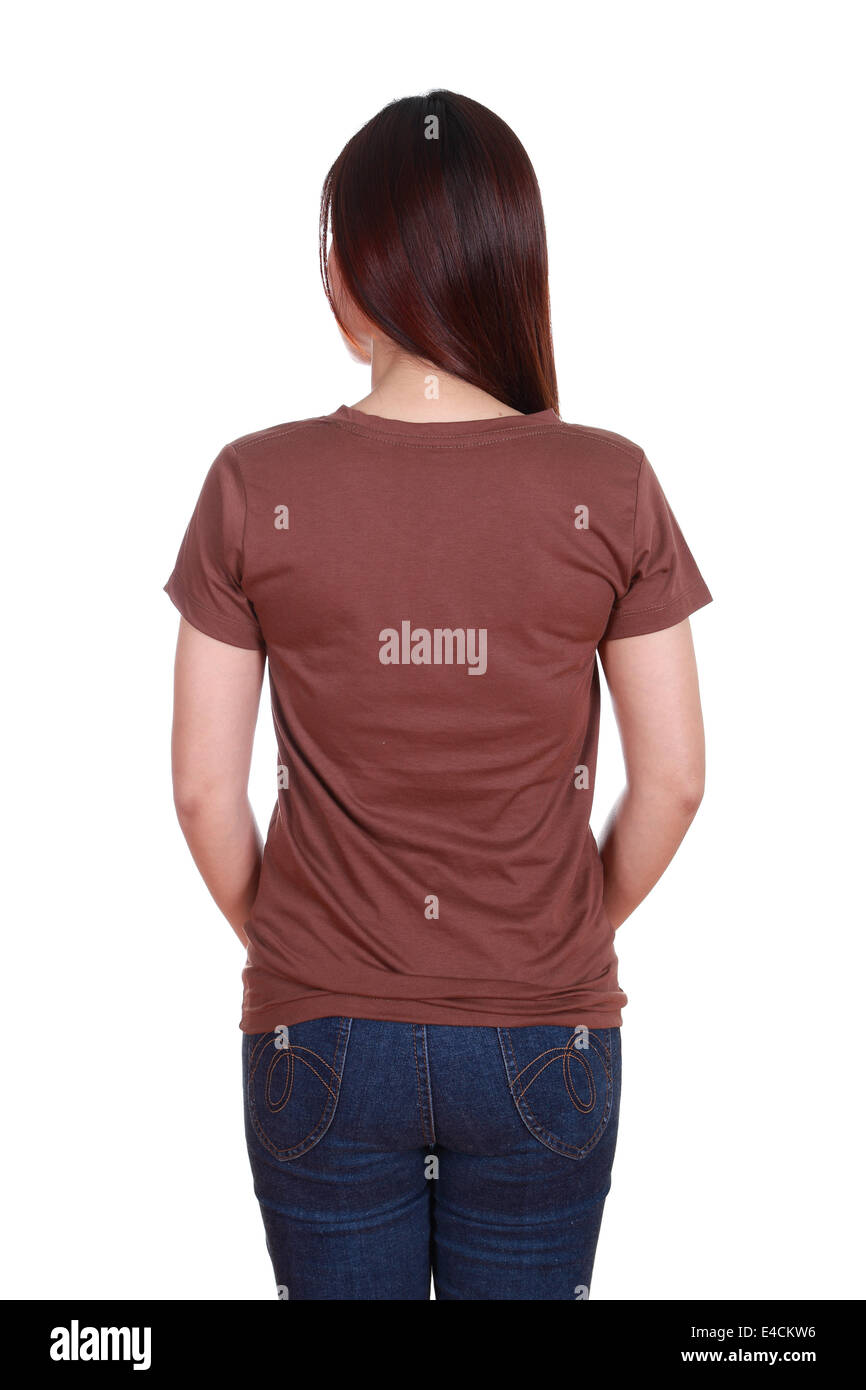 female with blank brown t-shirt (back side) isolated on white ...