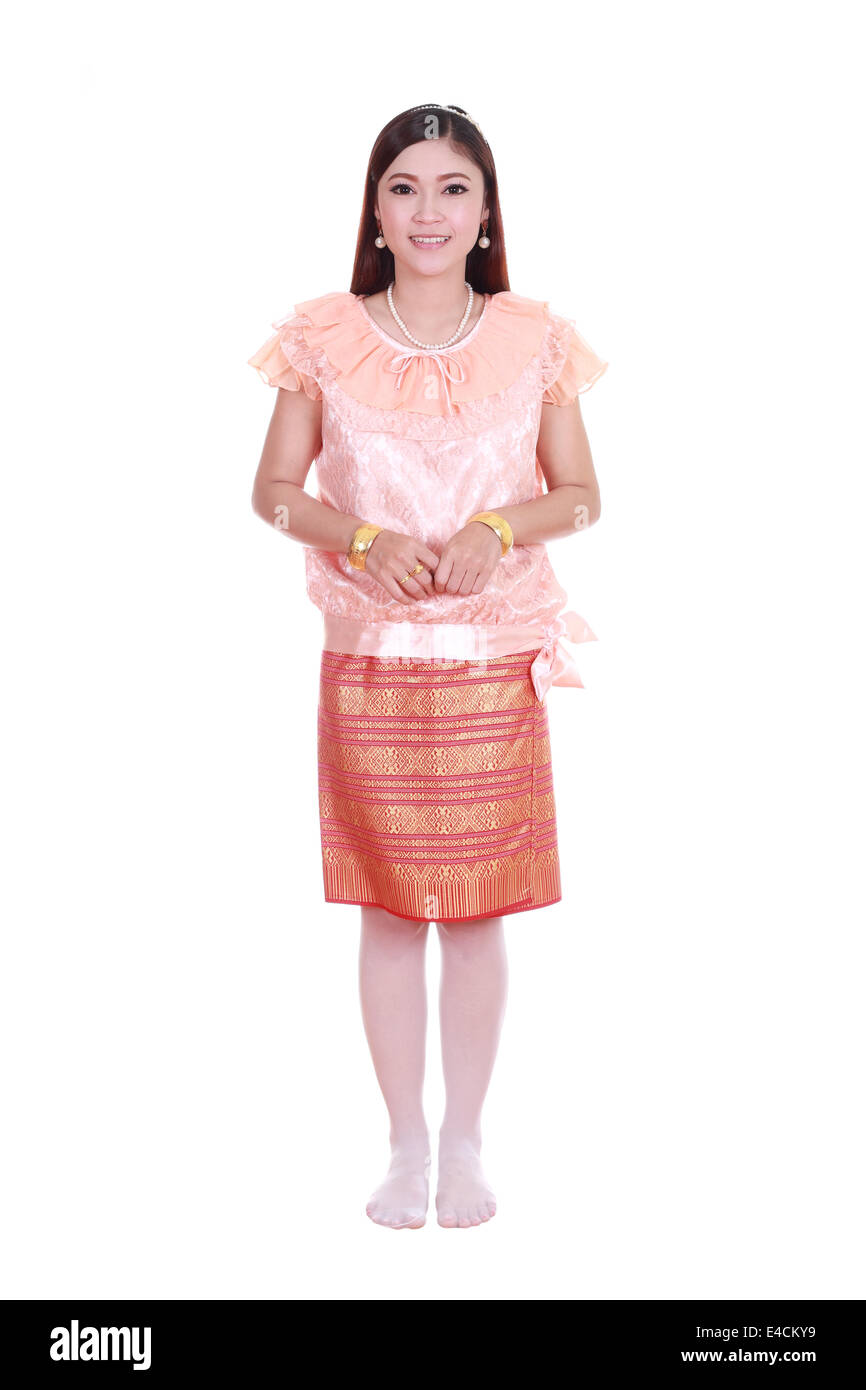 woman wearing typical thai dress isolated on white background, identity ...