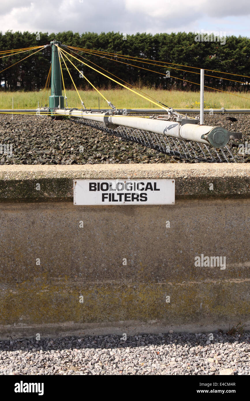 Sewage treatment plant works the rotating arm pours sewage over the ...