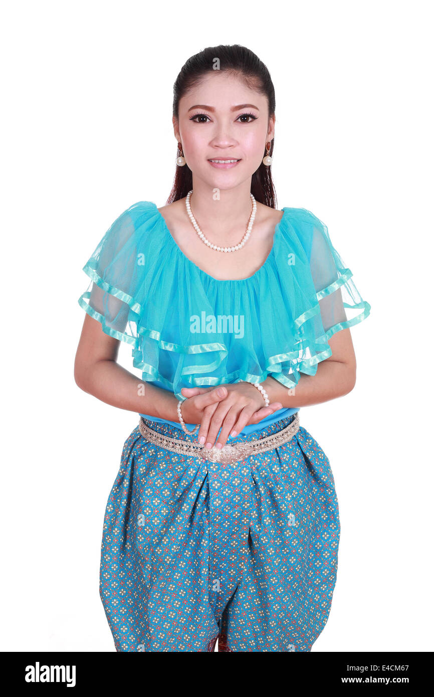 woman wearing typical thai dress isolated on white background, identity ...