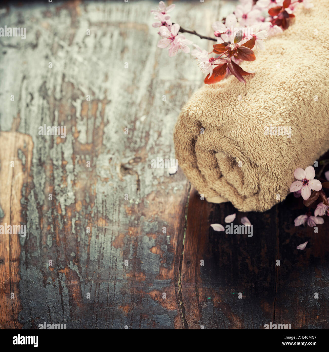 Spa setting on old wooden board Stock Photo - Alamy