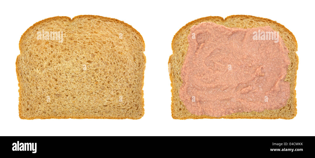 Top view of an opened faced potted meat sandwich on whole wheat bread ...