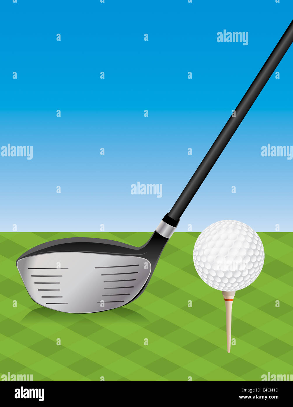 An illustration of a golf club driver and teed golf ball on the tee box ...