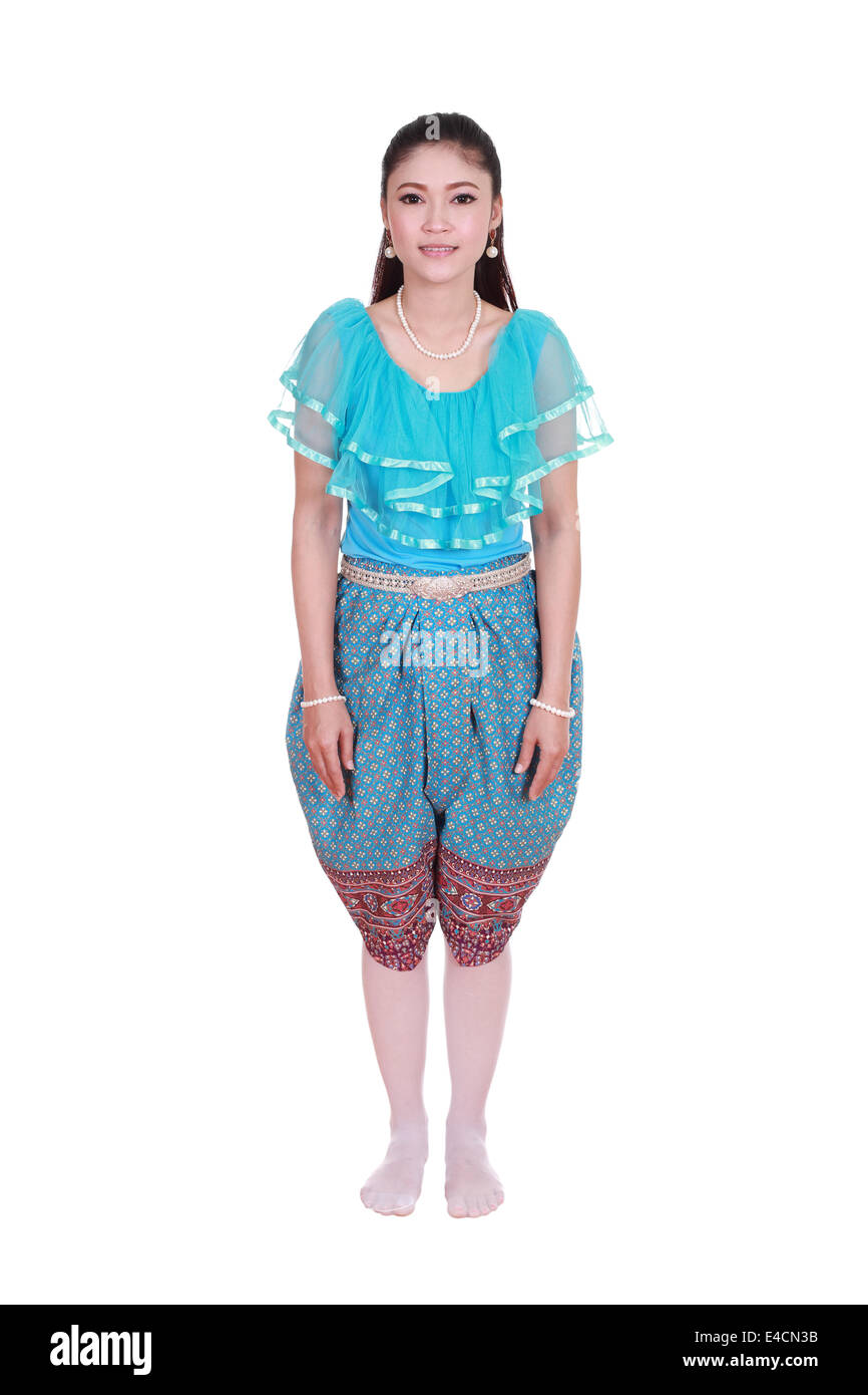 Woman Wearing Typical Thai Dress Isolated On White Background Identity