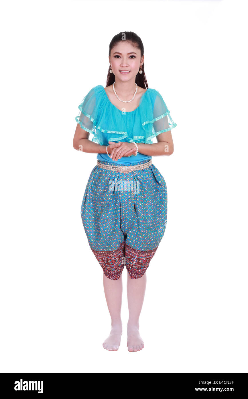 woman wearing typical thai dress isolated on white background, identity ...