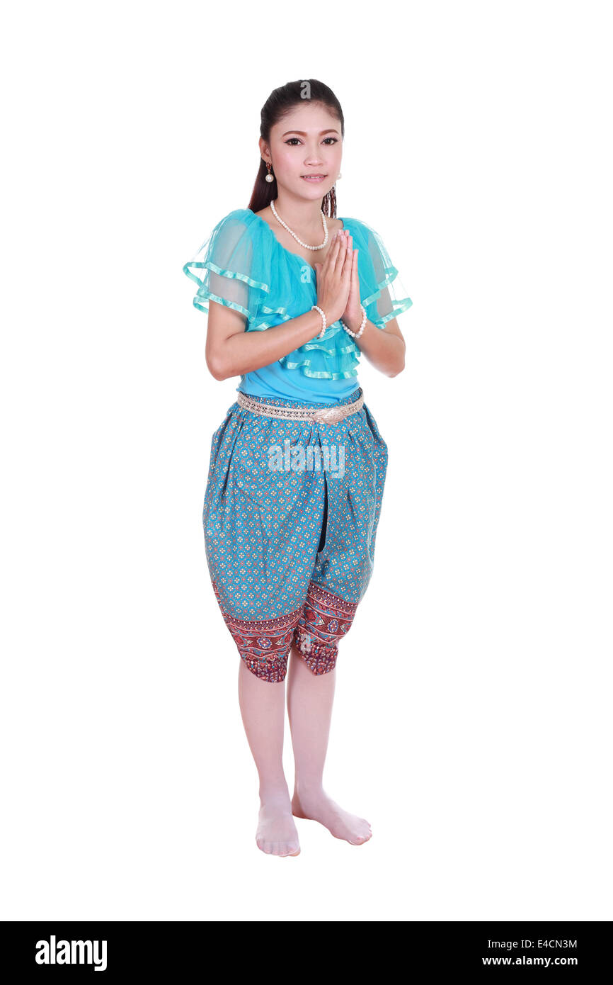 woman wearing typical thai dress pay respect isolated on white ...