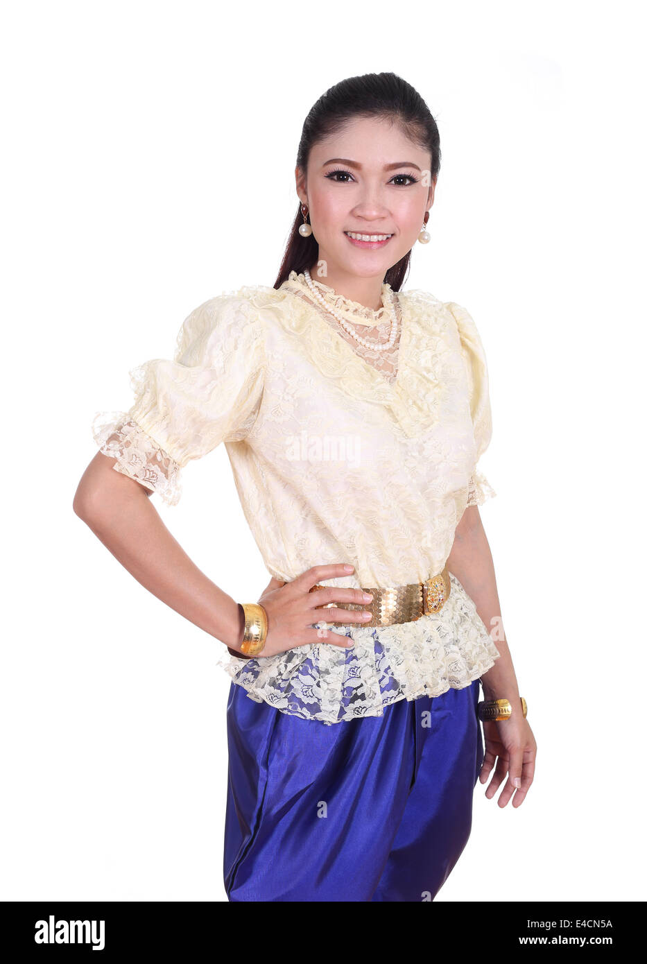 woman wearing typical thai dress isolated on white background, identity ...