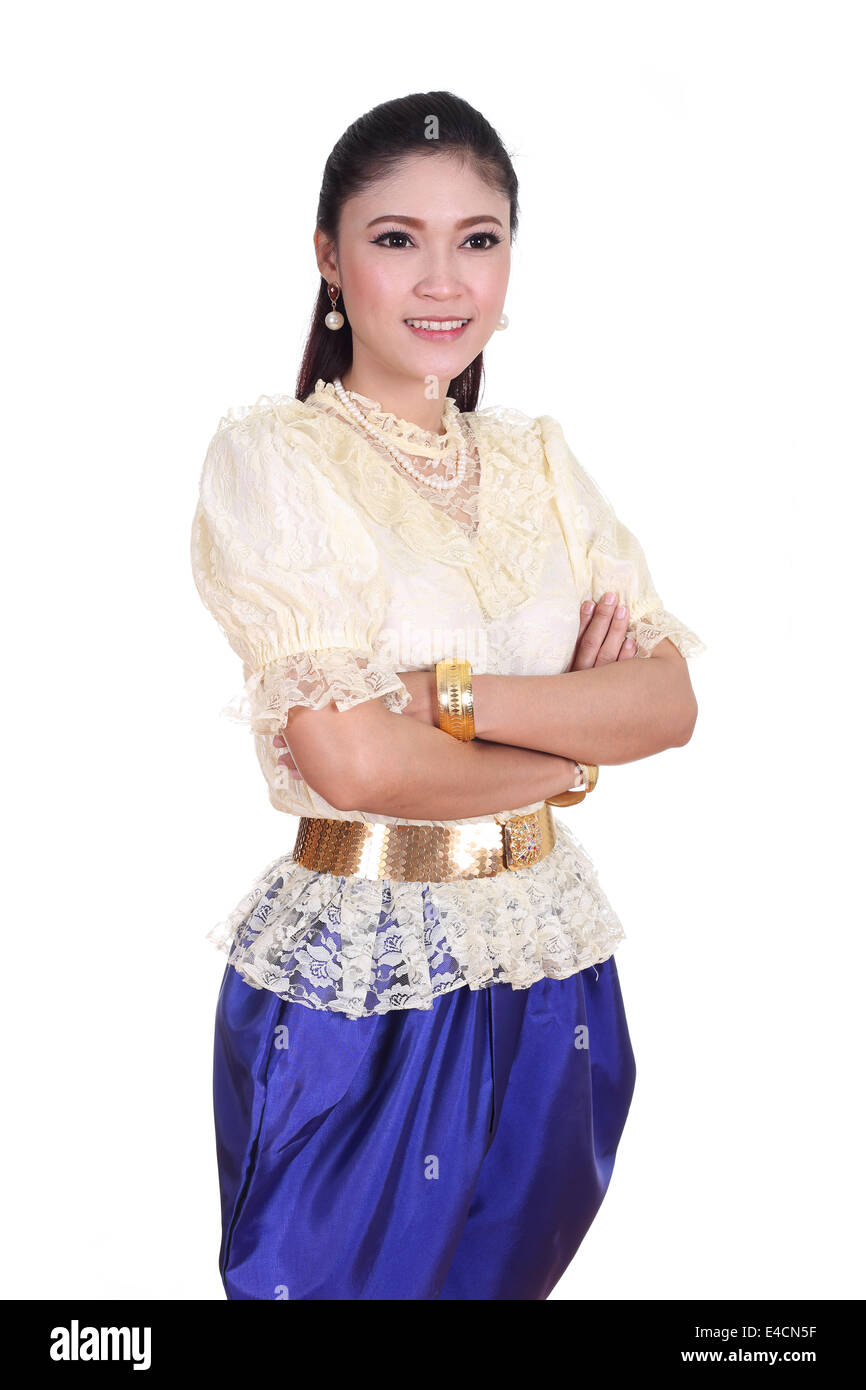 woman wearing typical thai dress isolated on white background, identity ...