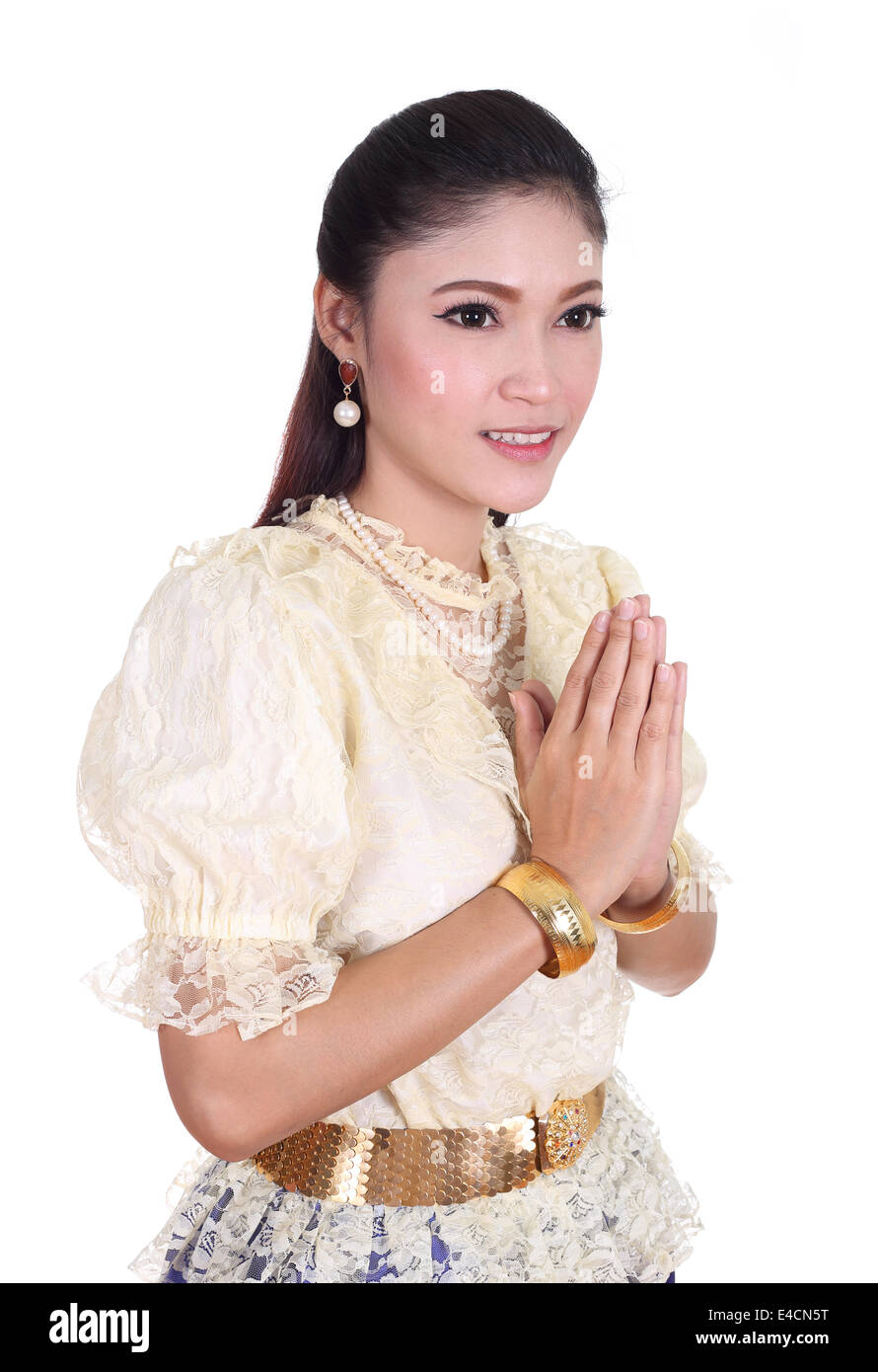 woman wearing typical thai dress pay respect isolated on white ...