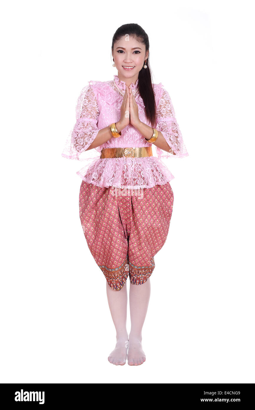 woman wearing typical thai dress pay respect isolated on white ...