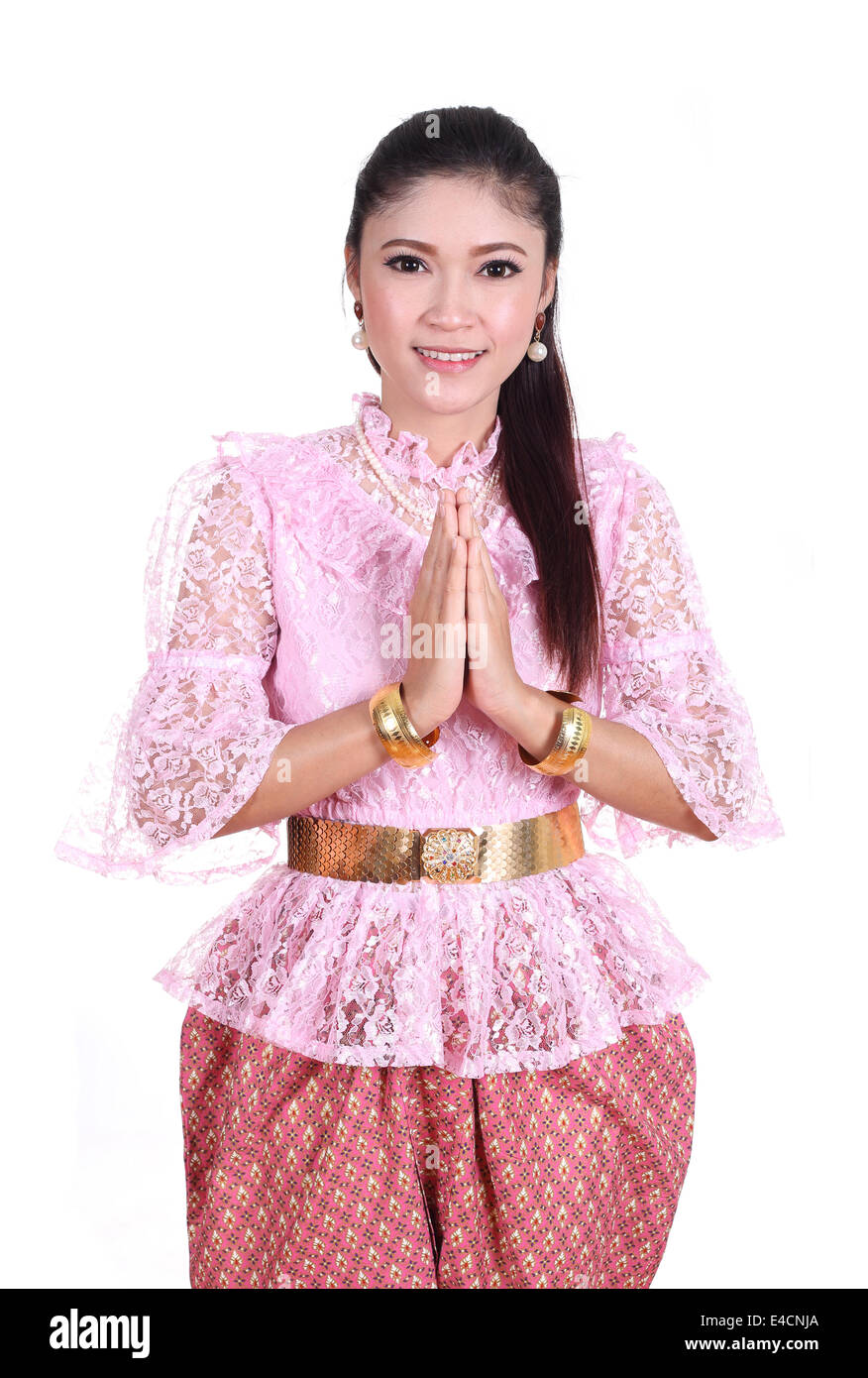 woman wearing typical thai dress pay respect isolated on white ...