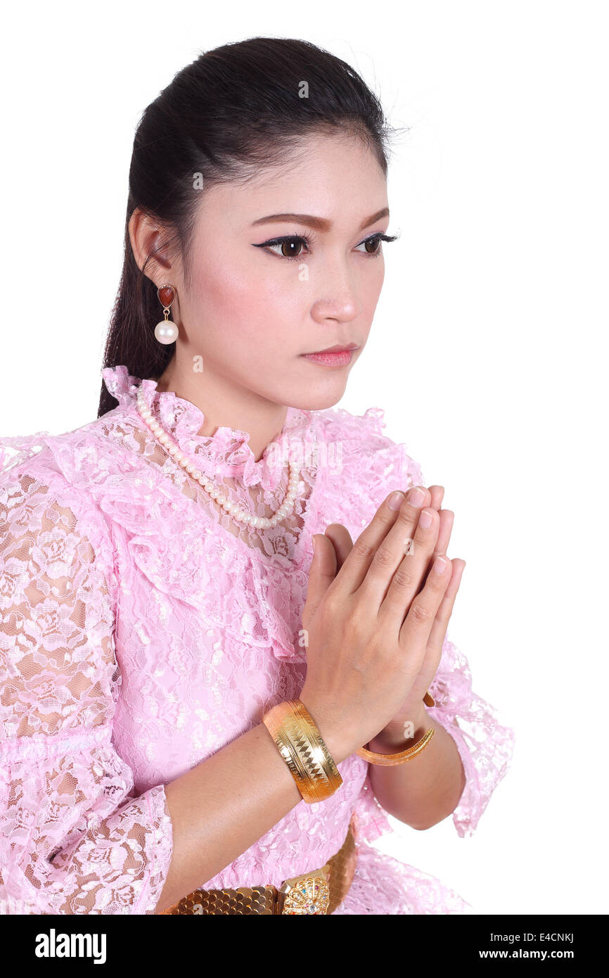 woman wearing typical thai dress pay respect isolated on white ...