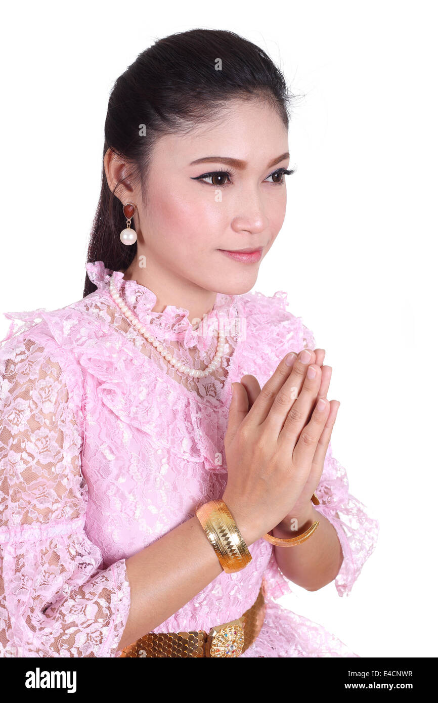 woman wearing typical thai dress pay respect isolated on white ...