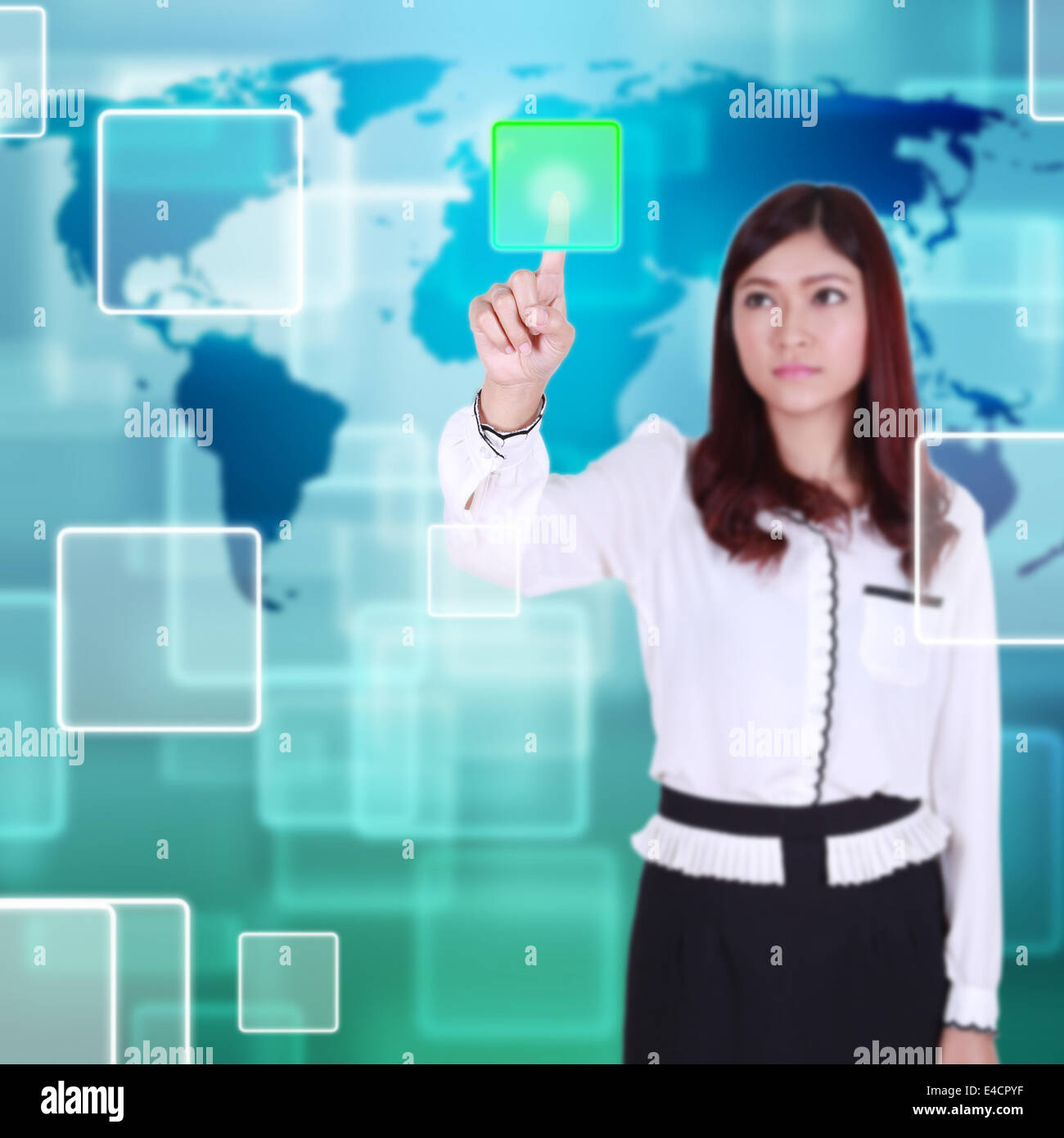 woman pushing button on a touch screen interface Stock Photo - Alamy