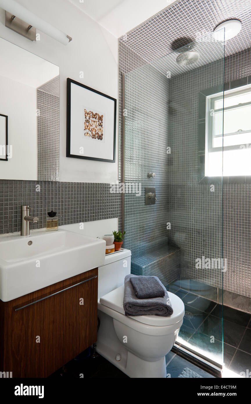 Tiny dark grey tiles and glass screen in contemporary shower room Stock ...