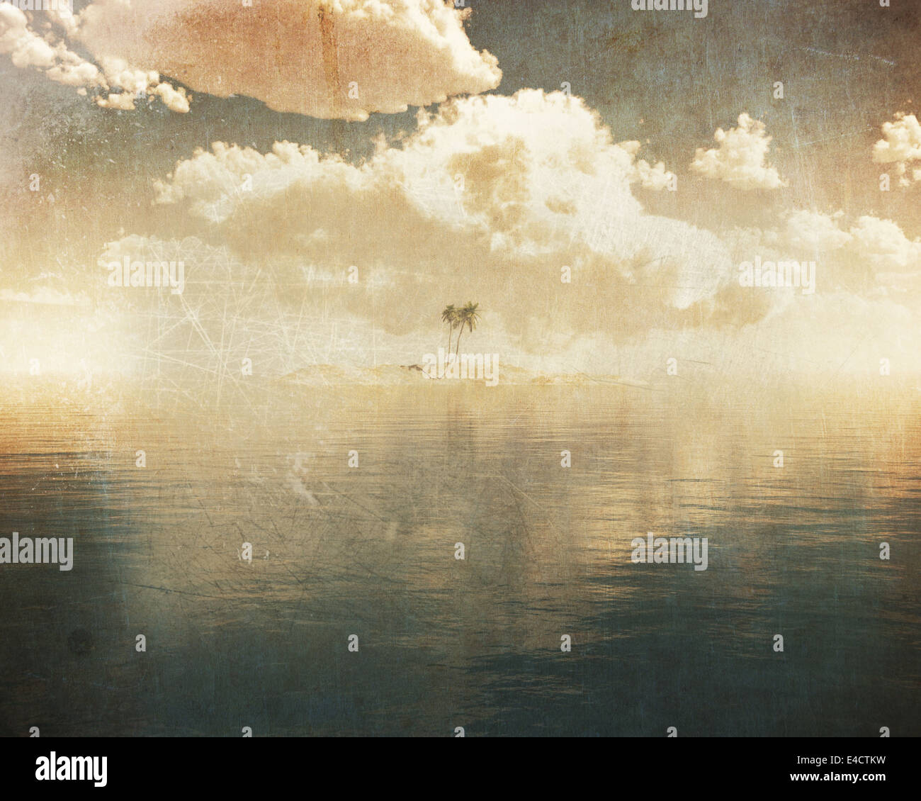 3D render of a tropical island in a clear blue sea with grunge overlay ...