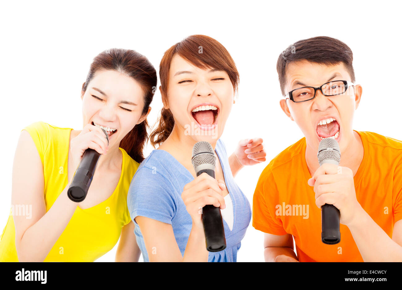 happy young group having fun singing with karaoke Stock Photo - Alamy