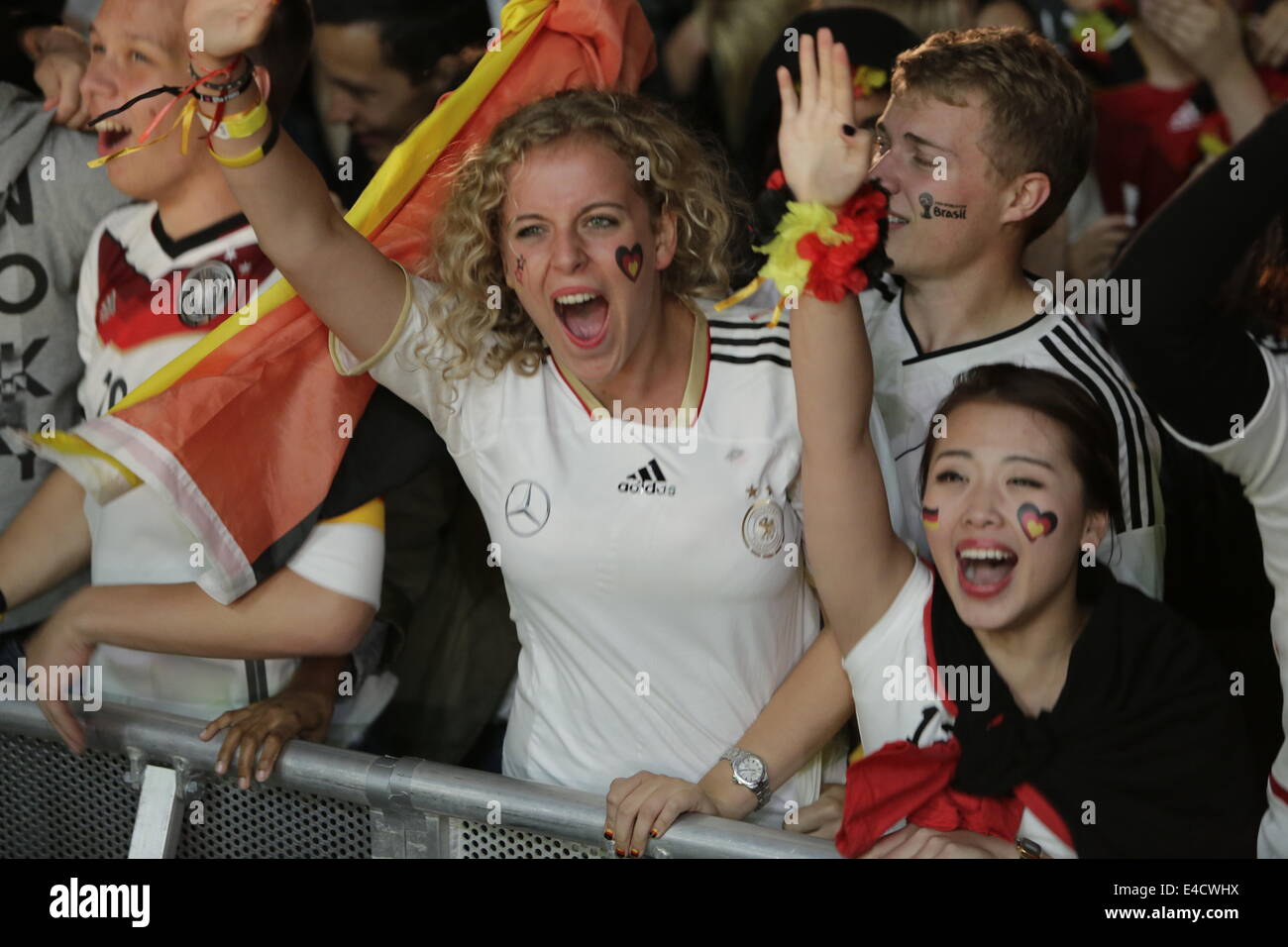 Frankfurt, Germany. 8th July 2014. German fans celebrate a goal for ...
