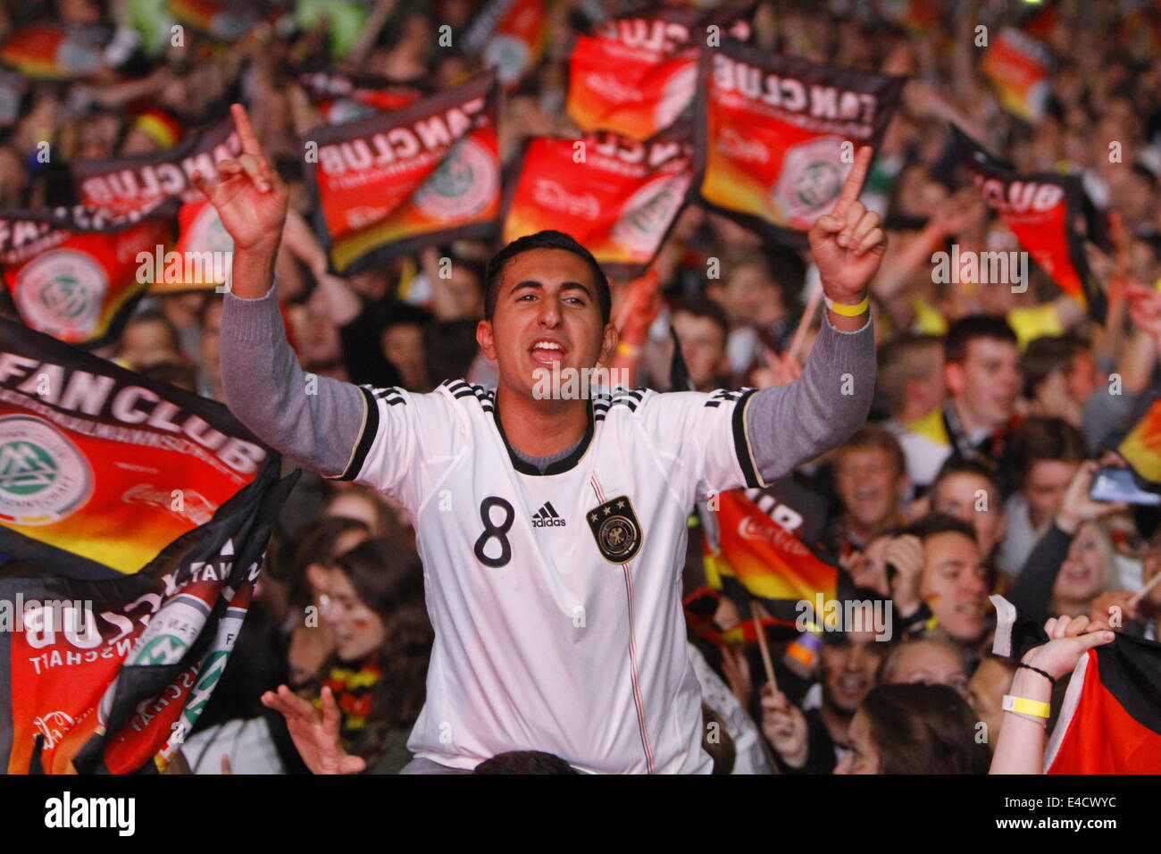 Frankfurt, Germany. 8th July, 2014. German fans celebrate their victory ...