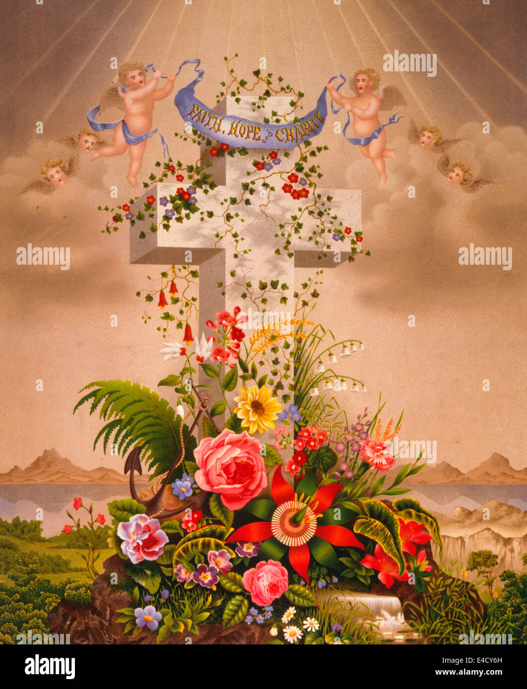 Faith, Hope and Charity - Cross with flowers and cherubs holding banner ...