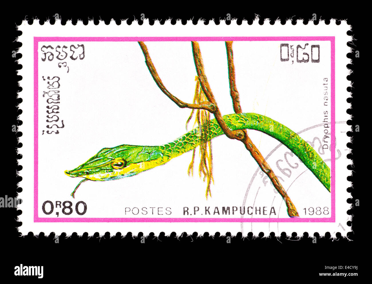 Postage stamp from Cambodia (Kampuchea) depicting a green vine snake ...
