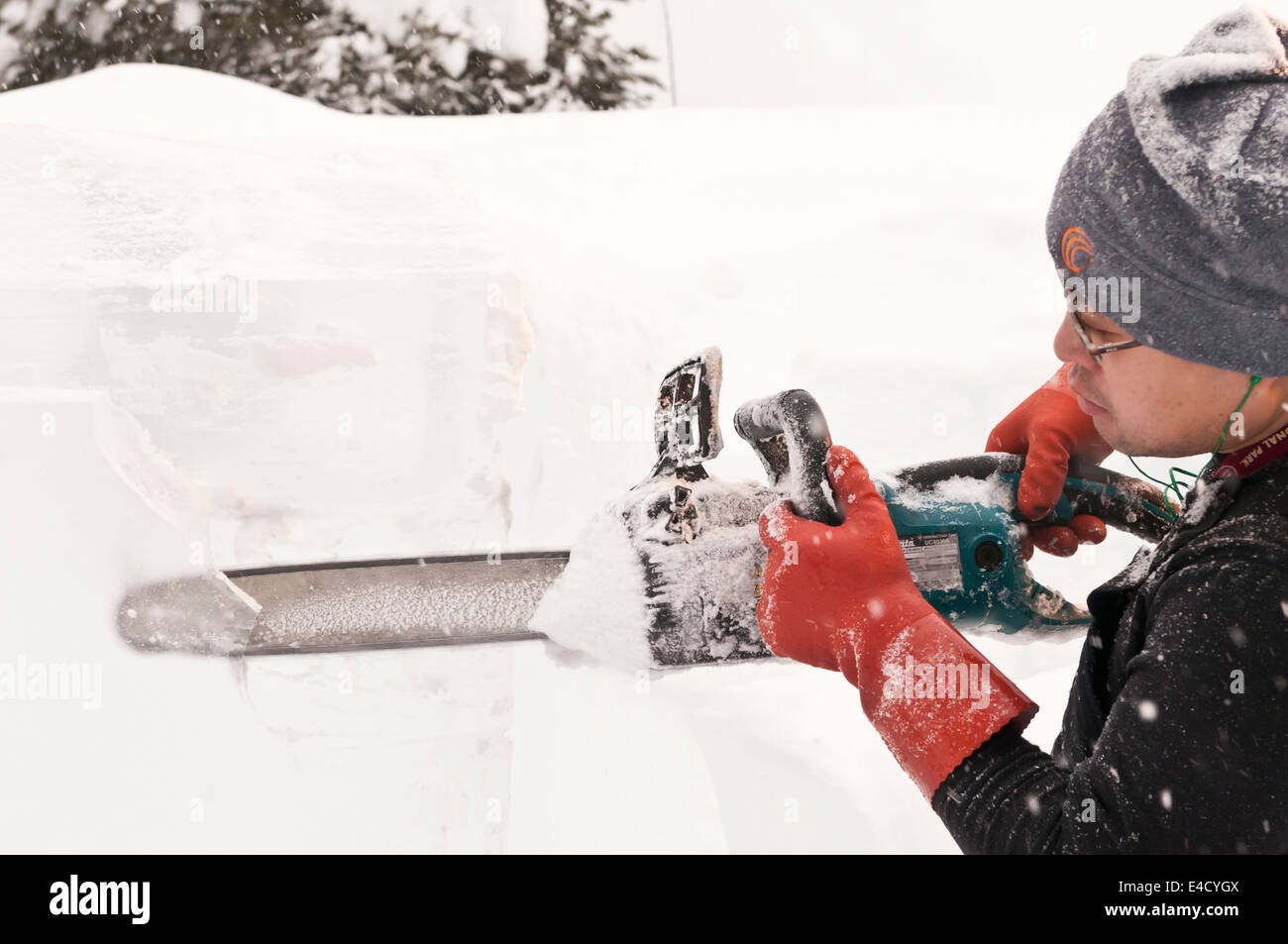 Ice carver at the Lake Louise Ice Sculpting Festival, Lake Louise ...