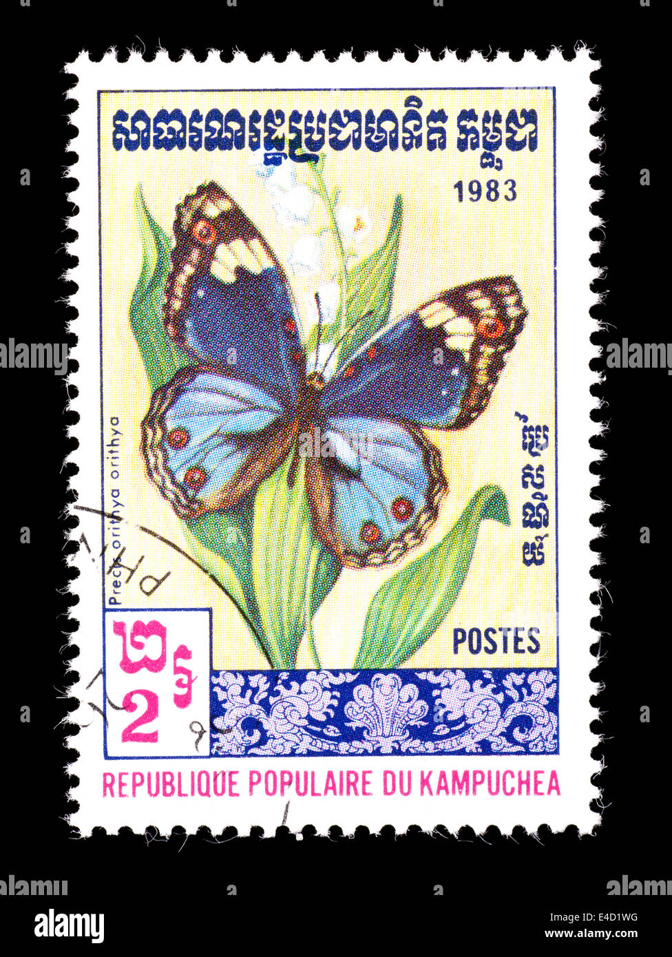 Postage stamp from Kampuchea (Cambodia) depicting Blue Argus butterfly ...