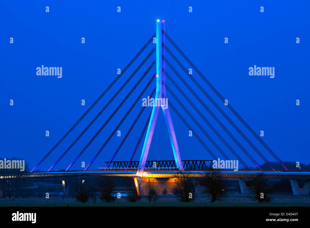 Illuminated Niederrheinbrücke Wesel, road bridge at night, Wesel, North ...