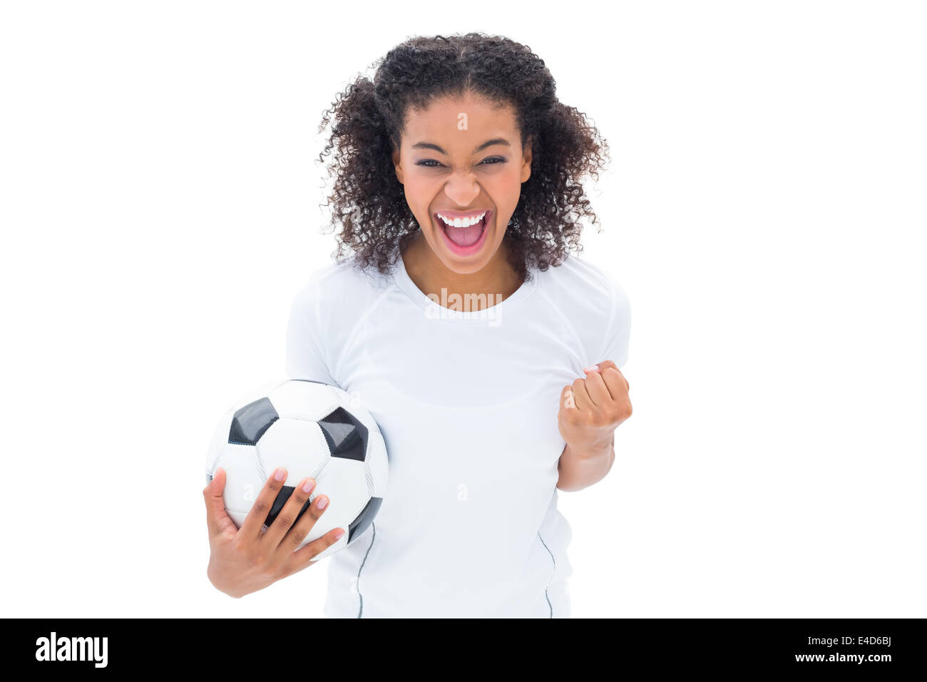 Football fan in white cheering on white background Stock Photo - Alamy