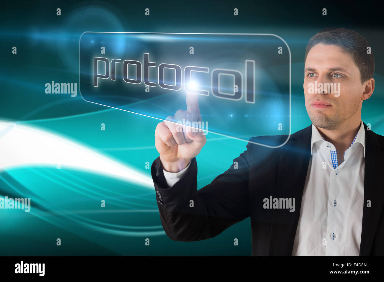 Businessman pointing to word protocol Stock Photo - Alamy