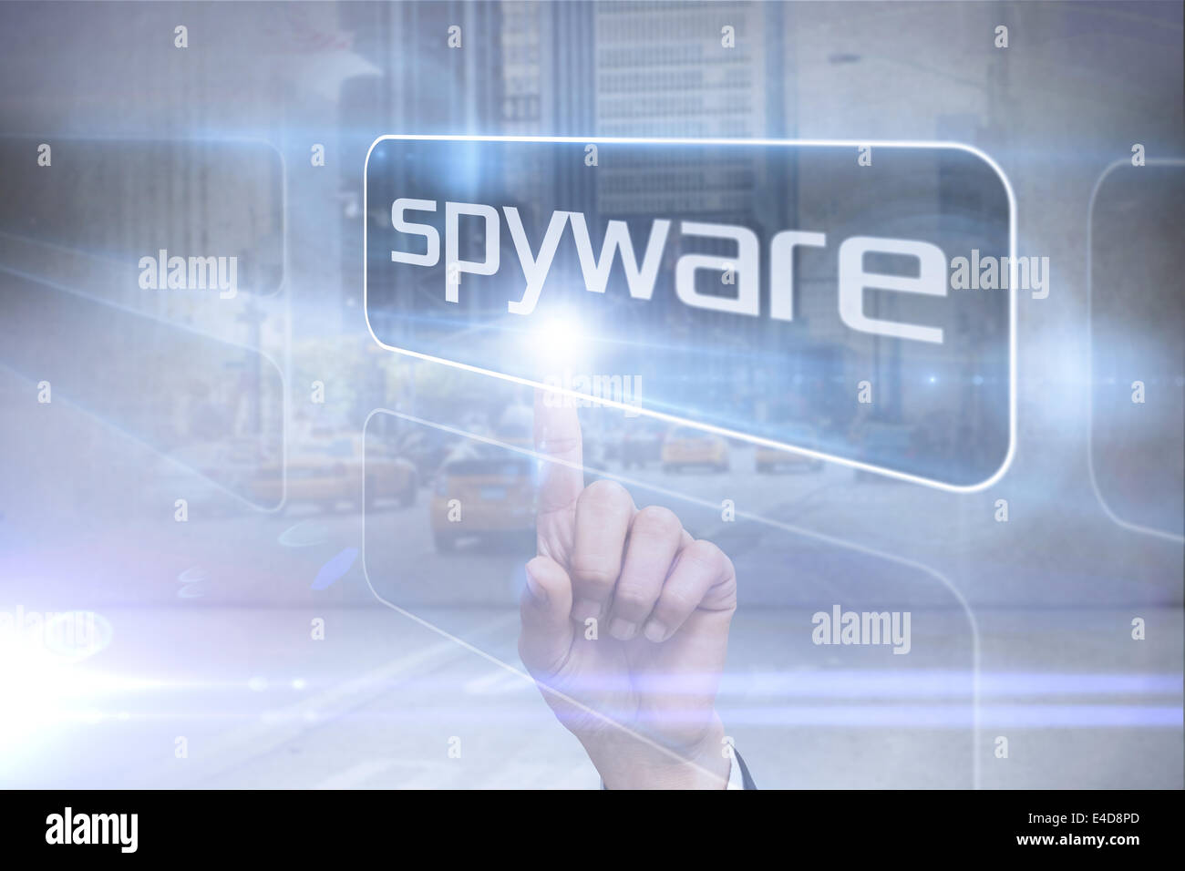 Businessman pointing to word spyware Stock Photo - Alamy