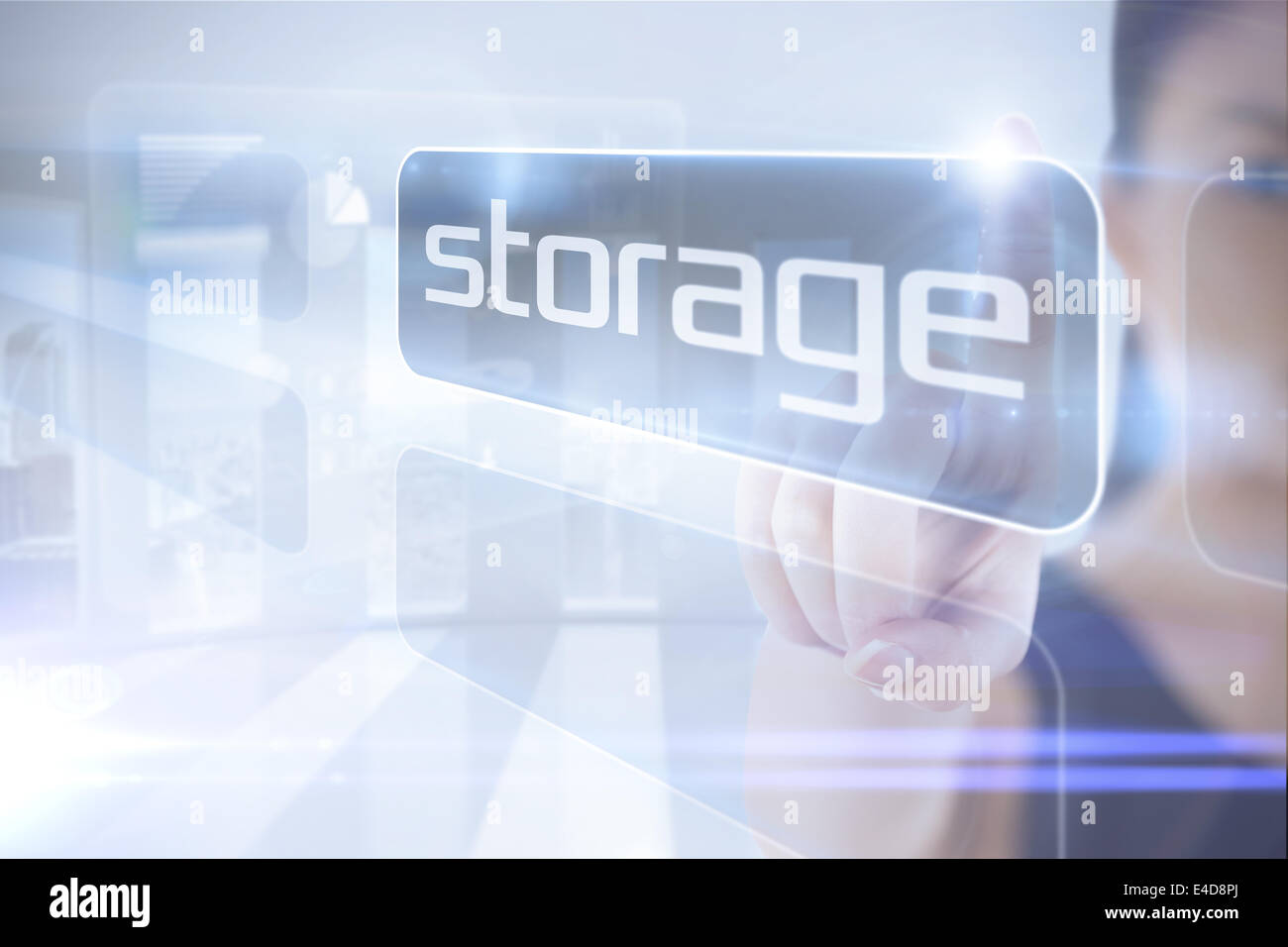 Businesswoman pointing to word storage Stock Photo - Alamy