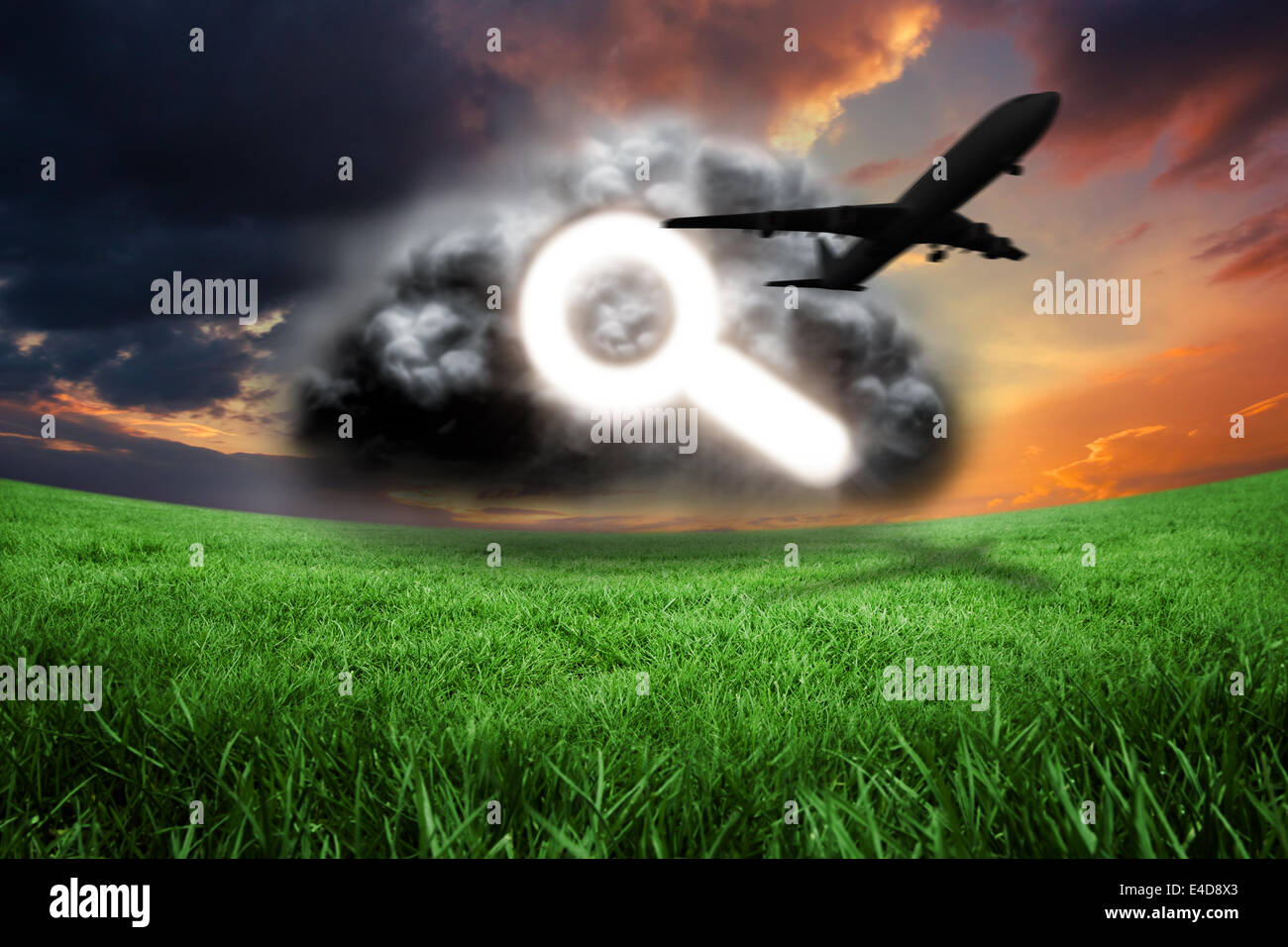 Composite image of magnifying glass in grey cloud with airplane Stock ...