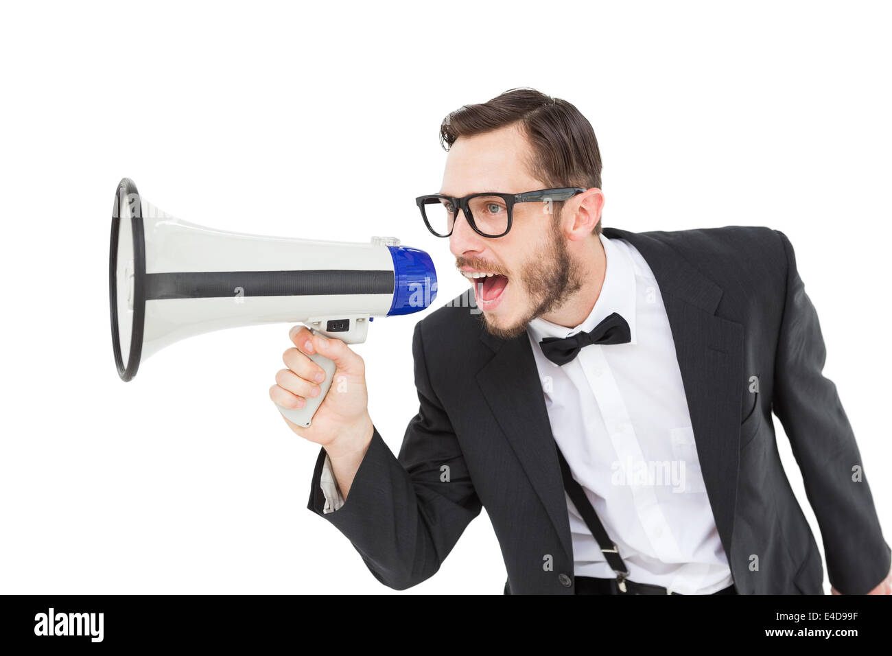 Geeky businessman shouting through megaphone Stock Photo - Alamy