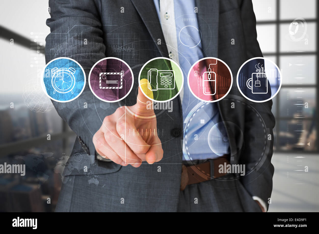 Composite image of businessman in grey suit pointing at menu Stock ...