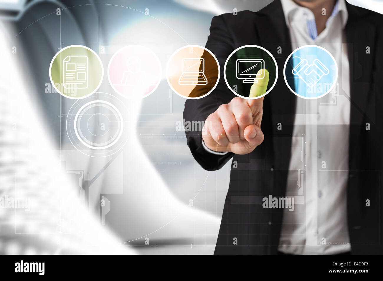 Composite image of businessman standing and pointing at menu Stock ...