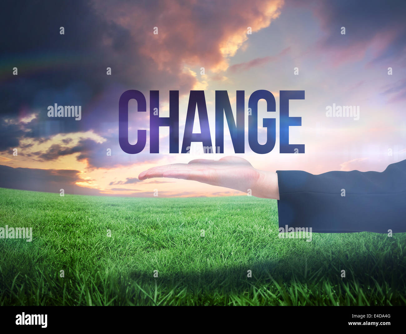 Businesswomans hand presenting the word change Stock Photo - Alamy