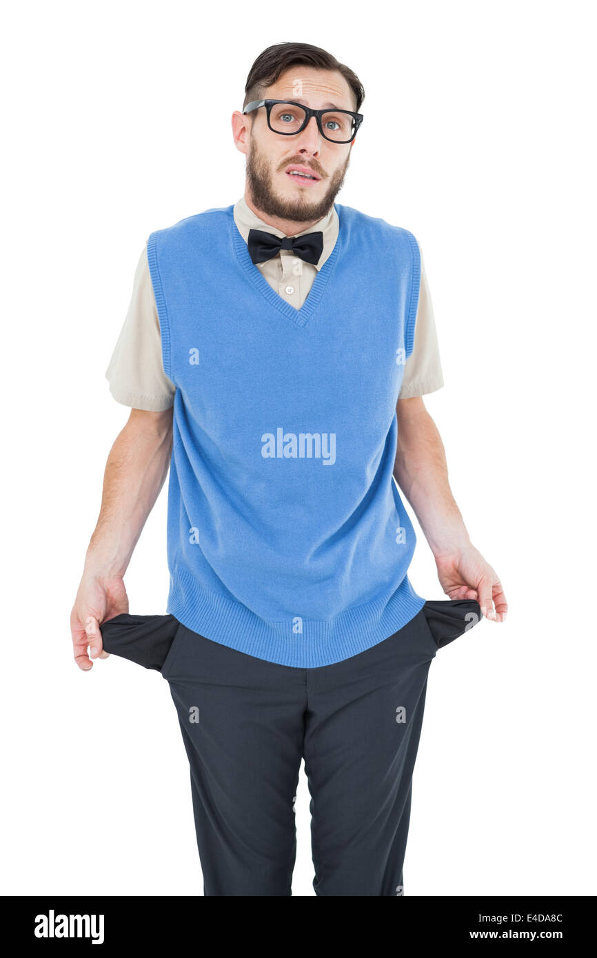 Geeky hipster showing empty pockets Stock Photo - Alamy