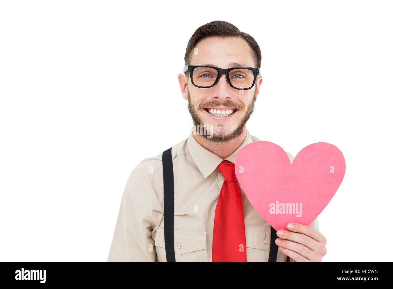 Geeky hipster smiling and holding heart card Stock Photo - Alamy Geeky hipster smiling and holding heart card Stock Photo - Alamy