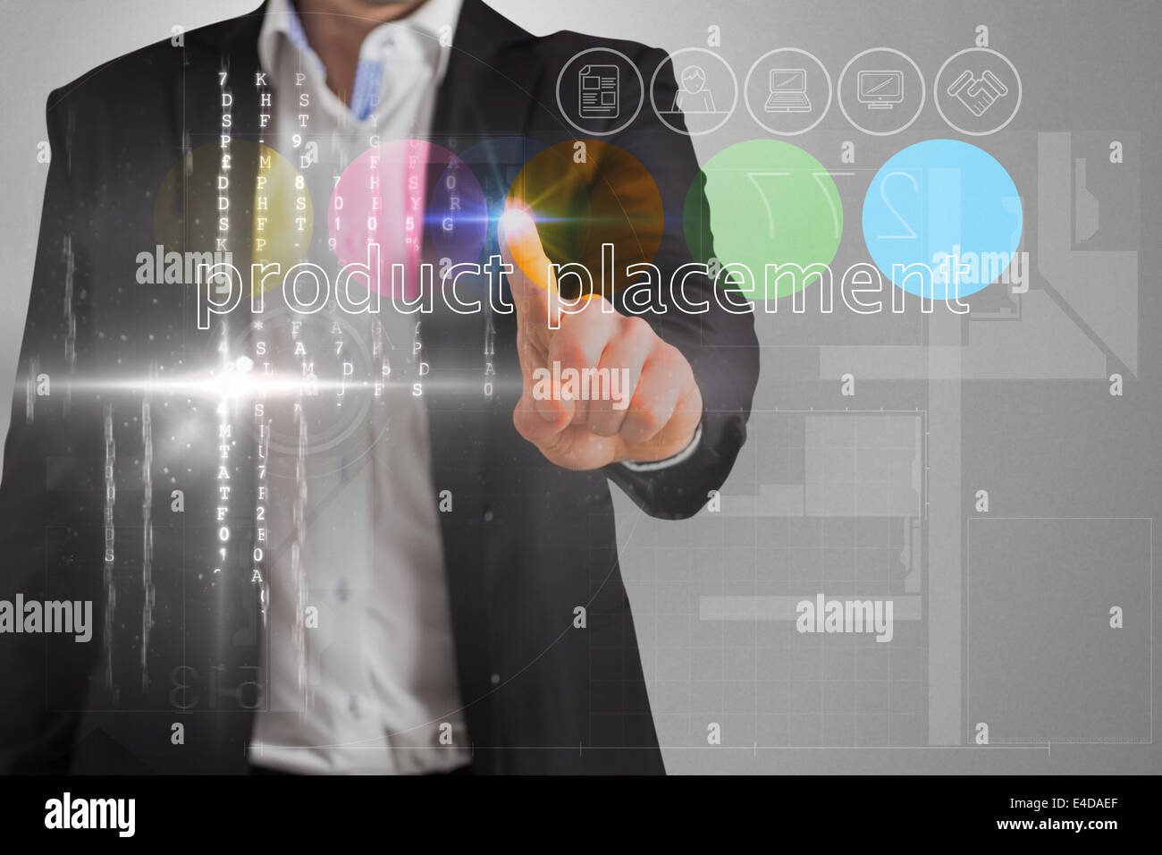 Businessman touching the words product placement on interface Stock ...