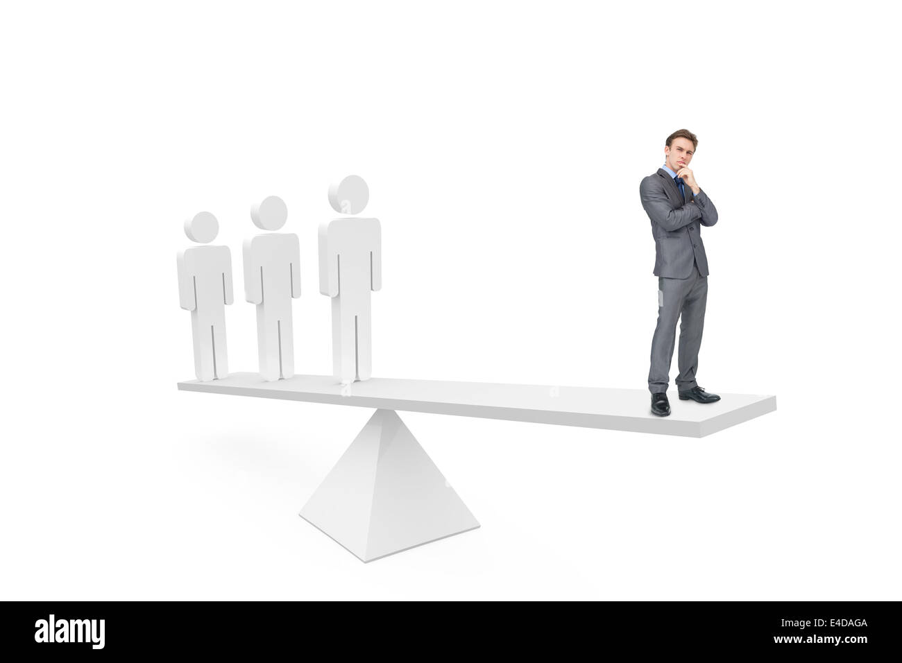 Scales weighing thoughtful businessman and stick men Stock Photo - Alamy