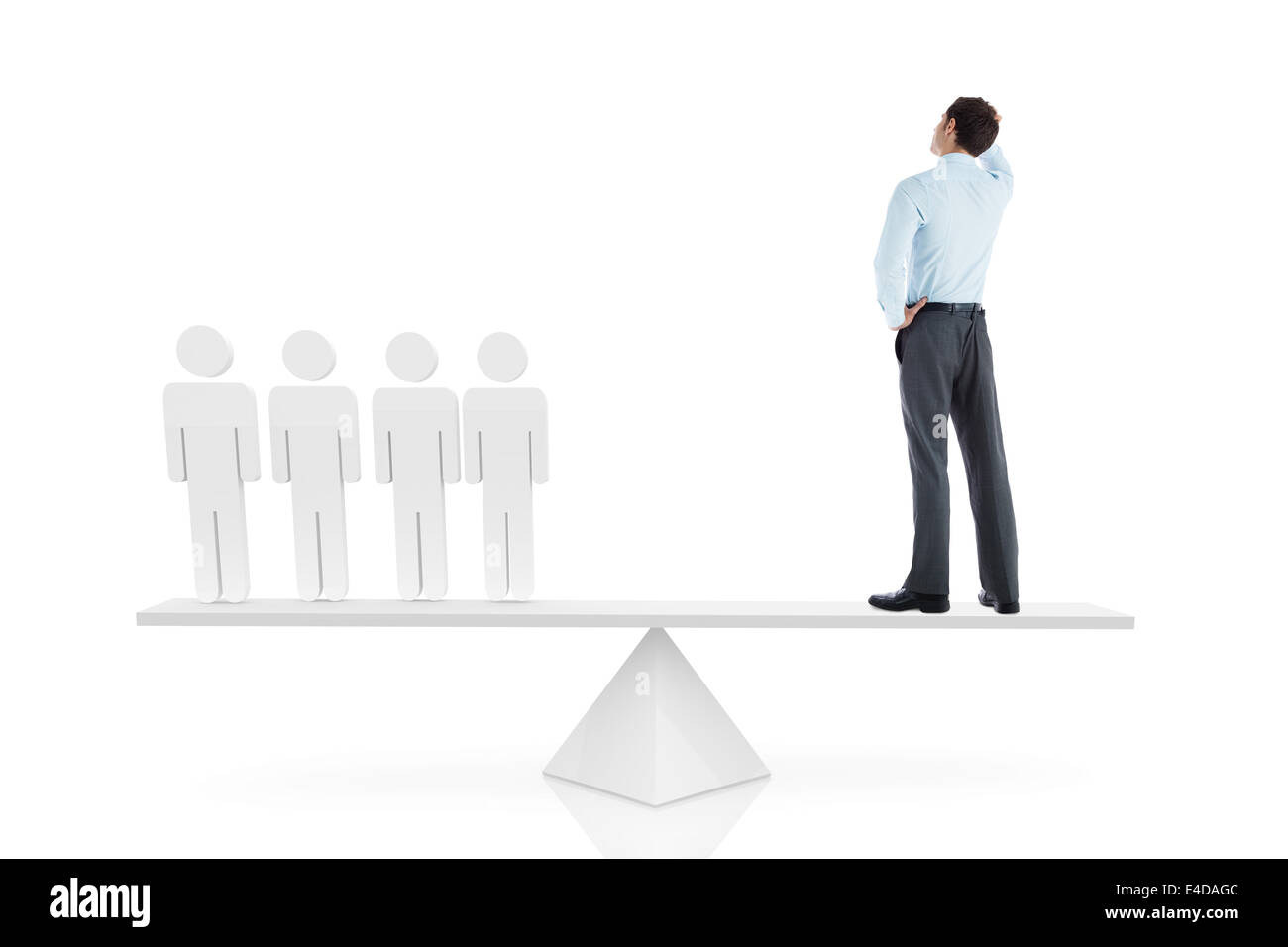 Scales weighing thinking businessman and stick men Stock Photo - Alamy